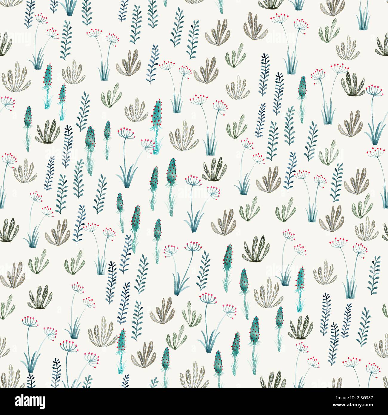 Watercolor seamless pattern with green hand painted leaves and herbs. Textile, wallpaper surface ...