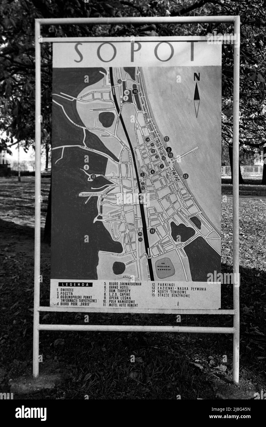 Öffentlicher Stadtplan von Zoppot, circa 1964. Public map of Sopot ...