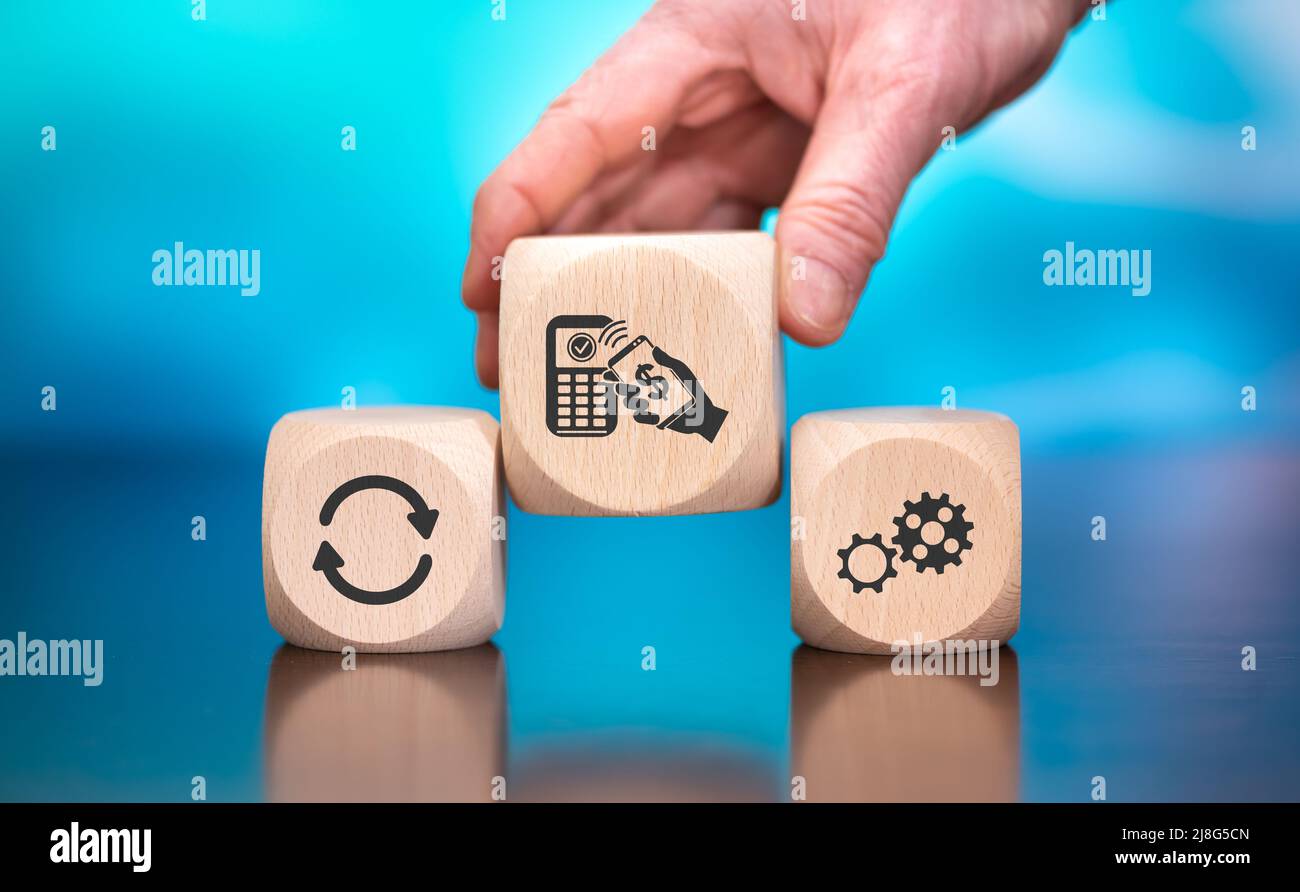 Wooden blocks with symbol of mobile payment concept on blue background ...
