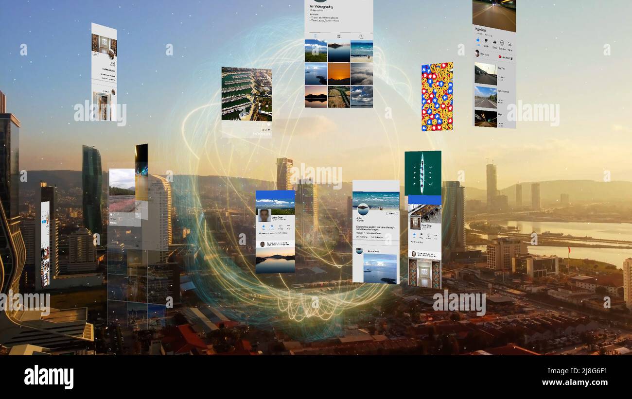 Futuristic city connected to social media. High tech vision of izmir ...