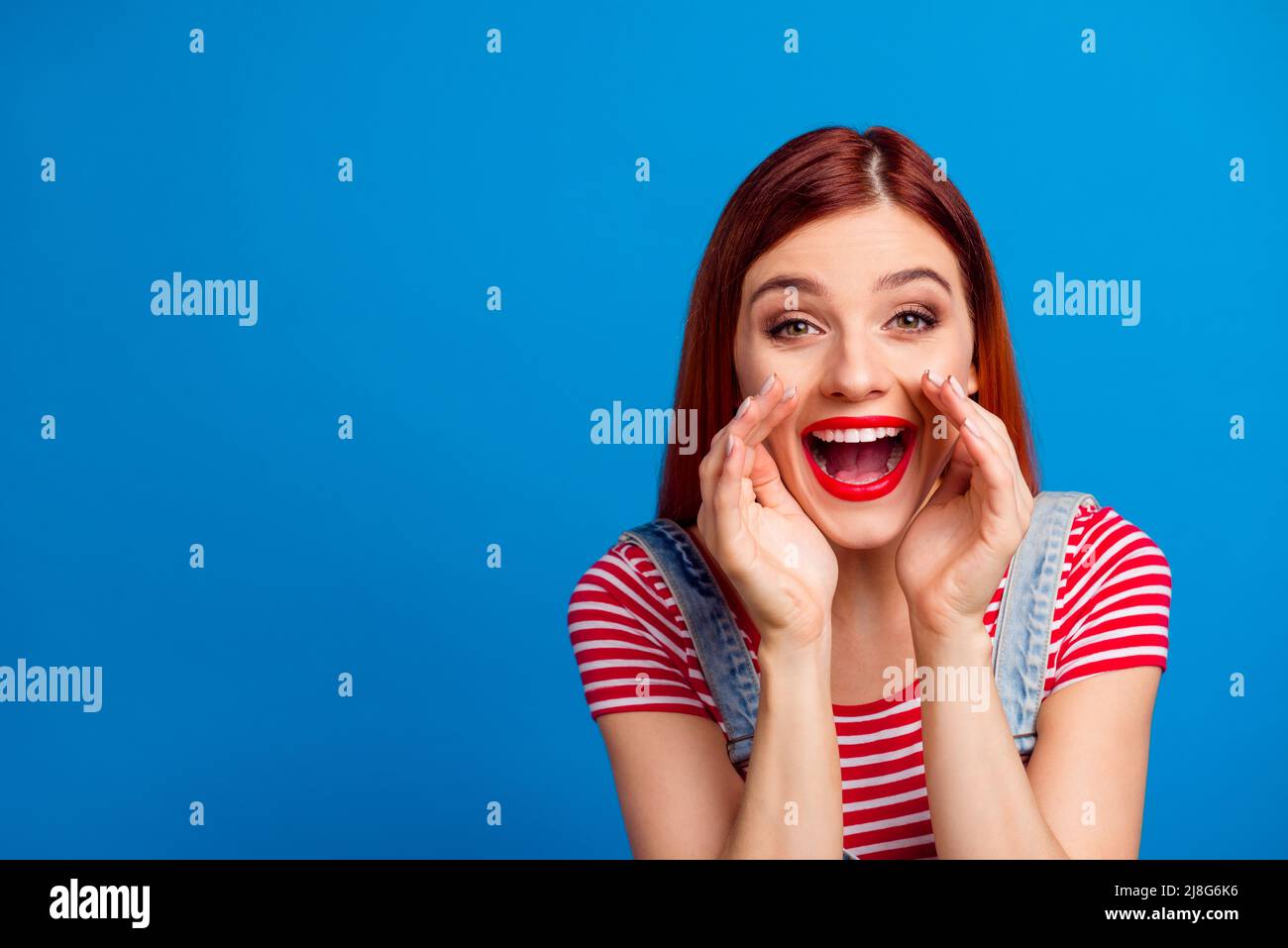 Photo of satisfied overjoyed lady hands near open mouth say tell gossip ...
