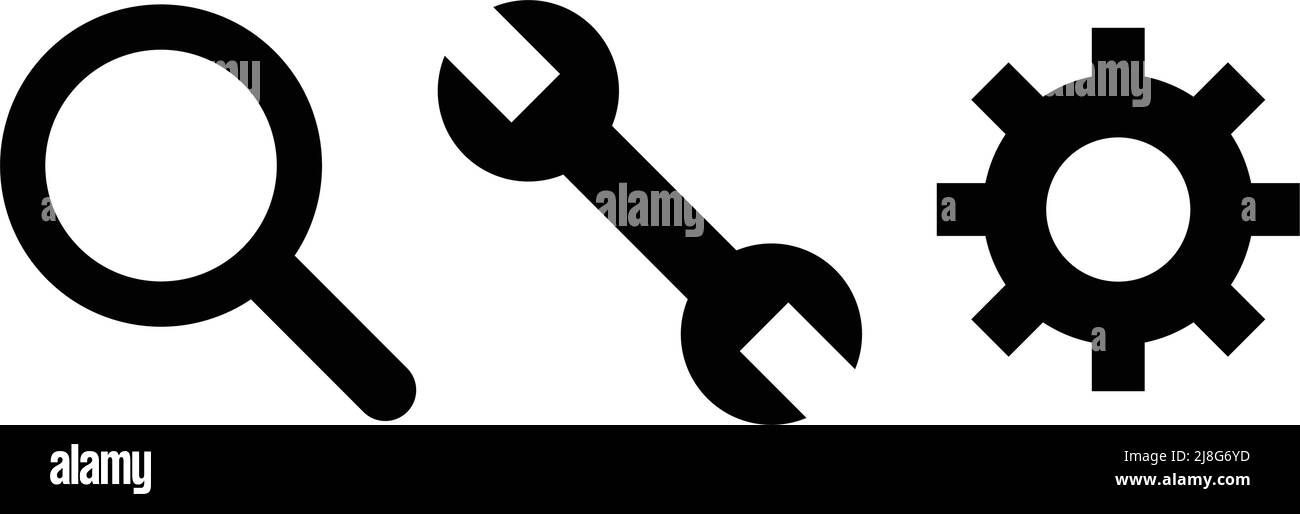 Magnifying glass, wrench and gear silhouette icon set. Editable vector ...
