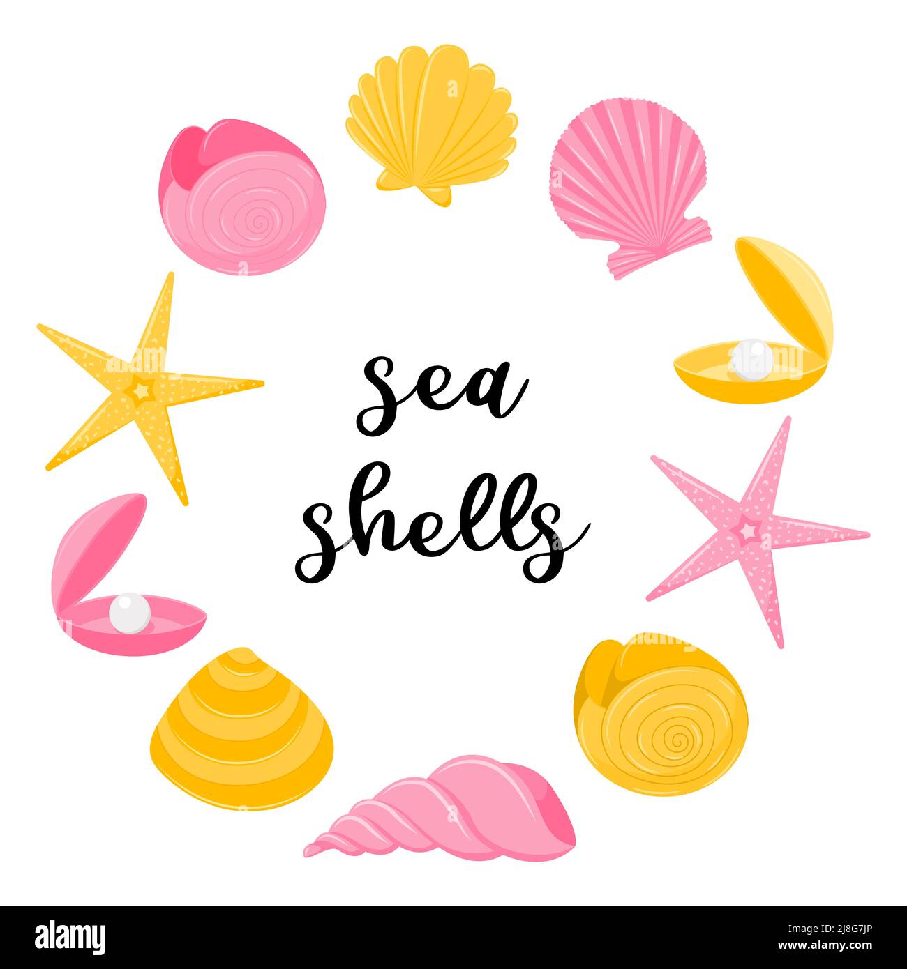 Round pink-yellow frame of marine aquatic animals, spiral shells ...