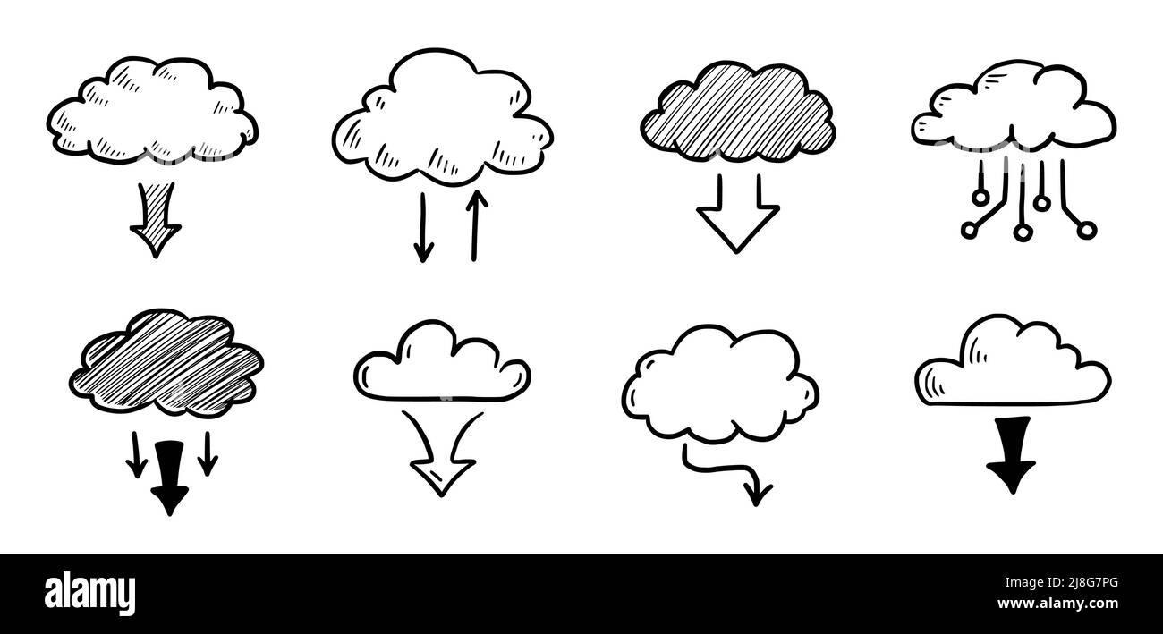 Doodle data server cloud set. Hand drawn sketch style cloud, arrow for ...