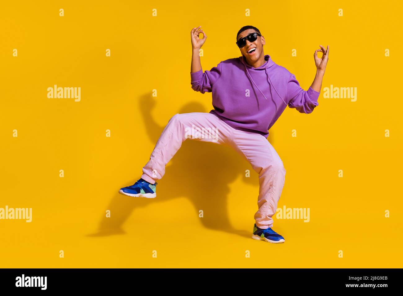 Full length body size view of attractive trendy carefree guy dancing ...