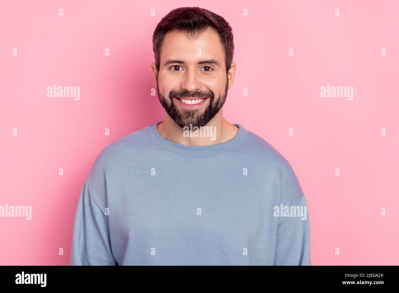 Portrait of attractive cheerful brown-haired man wearing cozy pullover ...