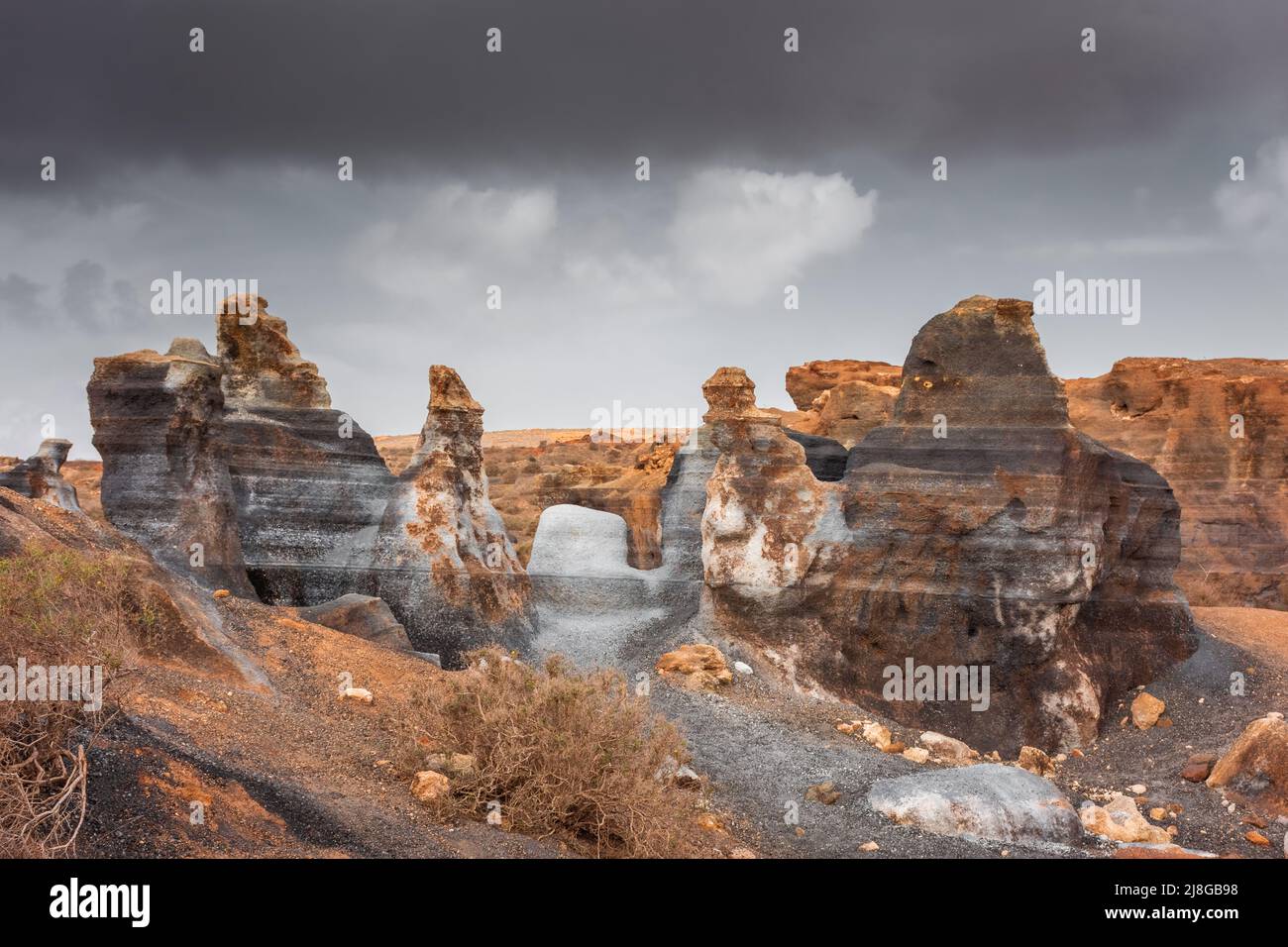 The stratified city of Lanzarote, a volcanic area with geological rock ...