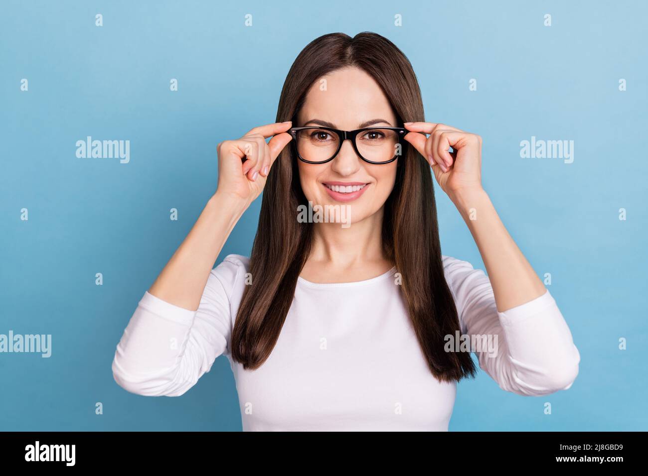 Photo of ceo millennial brunette lady palms eyewear wear white shirt ...