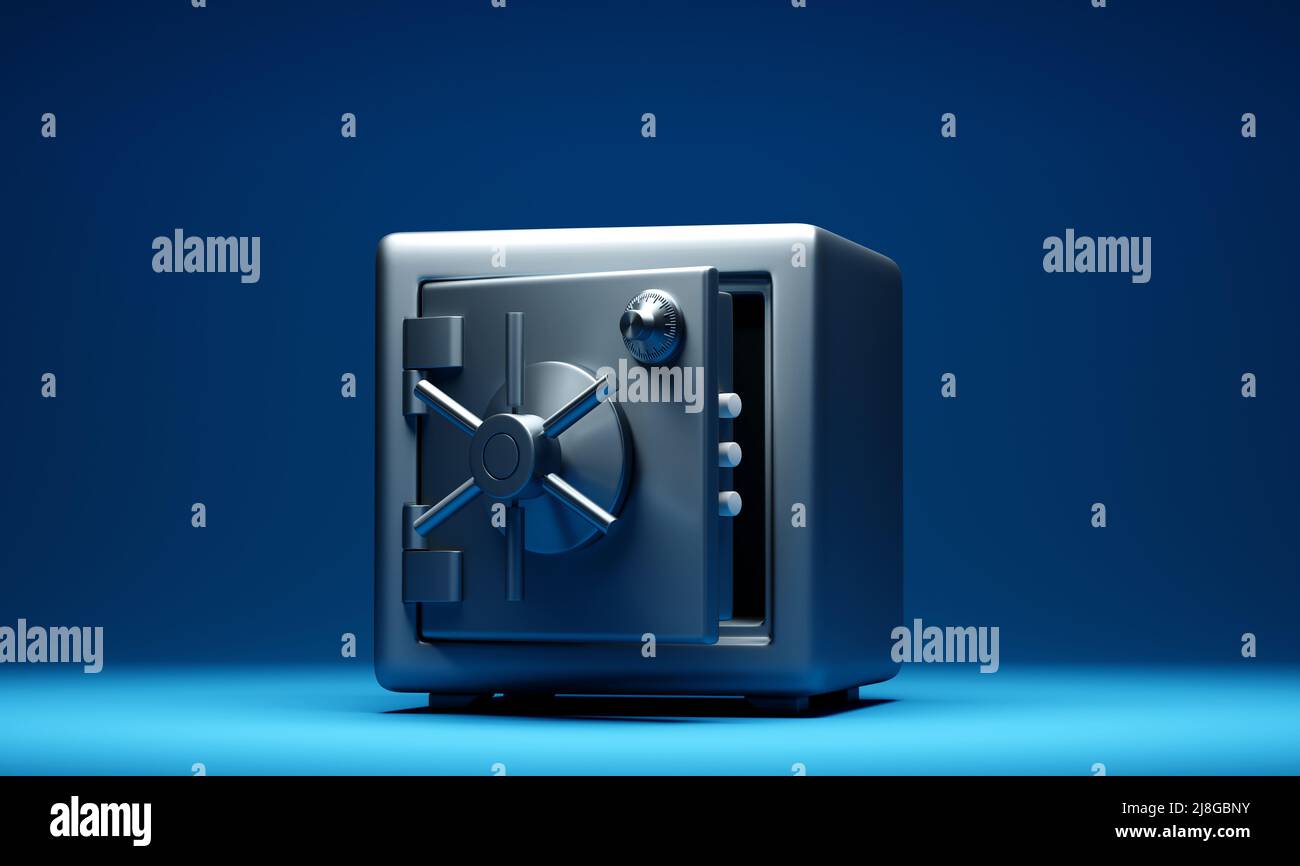 Open metallic, iron, steel safe with padlock on navy blue background ...