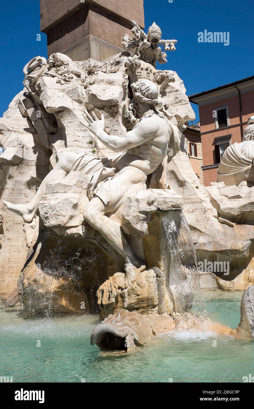 Four Rivers Fountain or Fontana dei Quattro Fiumi at Piazza Navona in ...