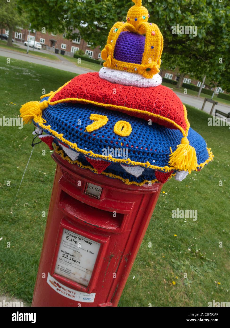 Red, postbox, post box, crocheted, Royal Mail, woolly hats, hand ...