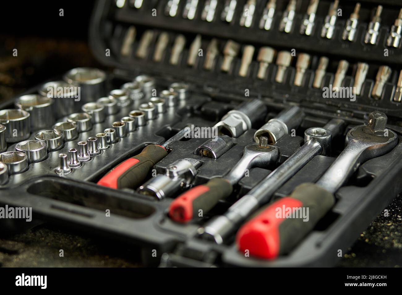 Open set box with working tools different types of metal steel heads ...