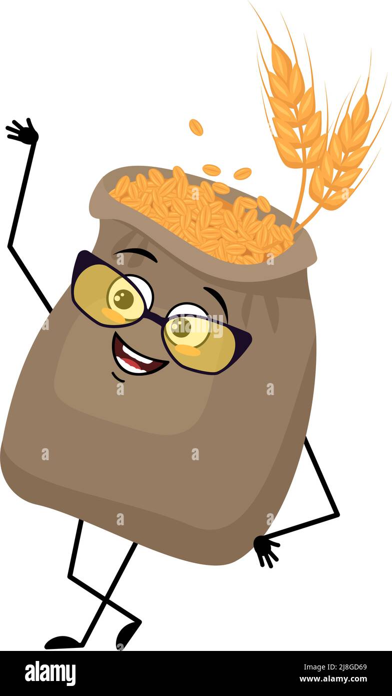 Cute sack of wheat and ear character with glasses and happy emotion ...