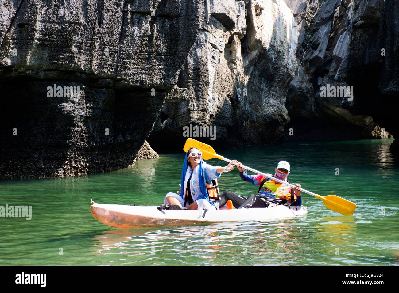 Local thai people guide paddle canoe boat of trip tour in sea ocean ...