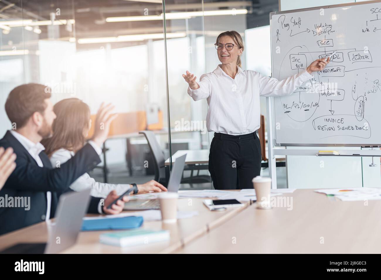businesswoman explaining her business plan to colleagues while making a ...