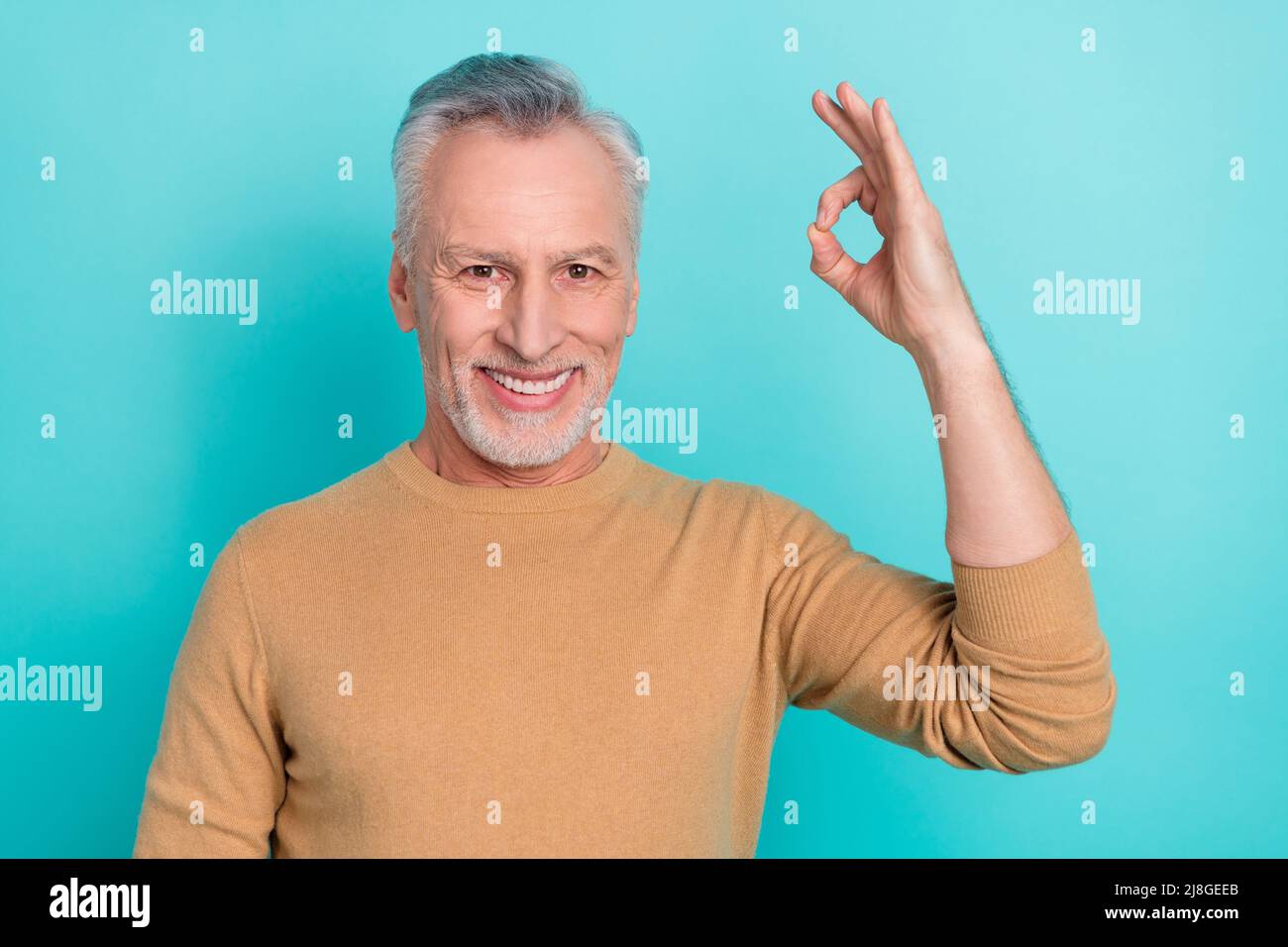 Portrait of handsome cheerful man arm fingers demonstrate okey symbol ...