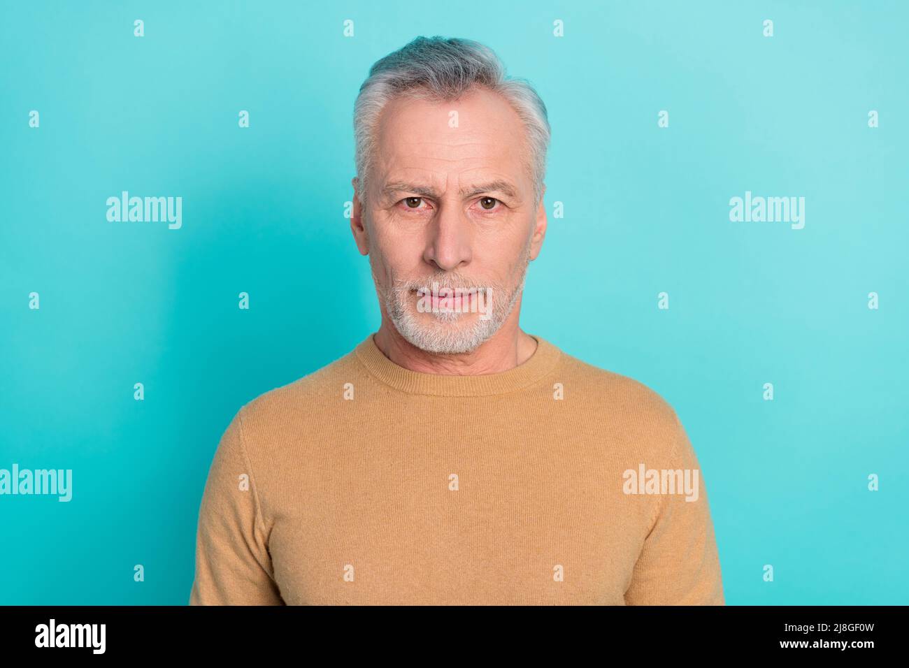 Portrait of positive intelligent aged person look camera isolated on ...