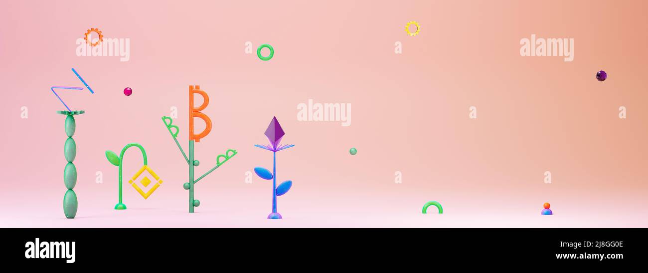 Cartoon cryptocurrency on a pink background. Funny composition with ...