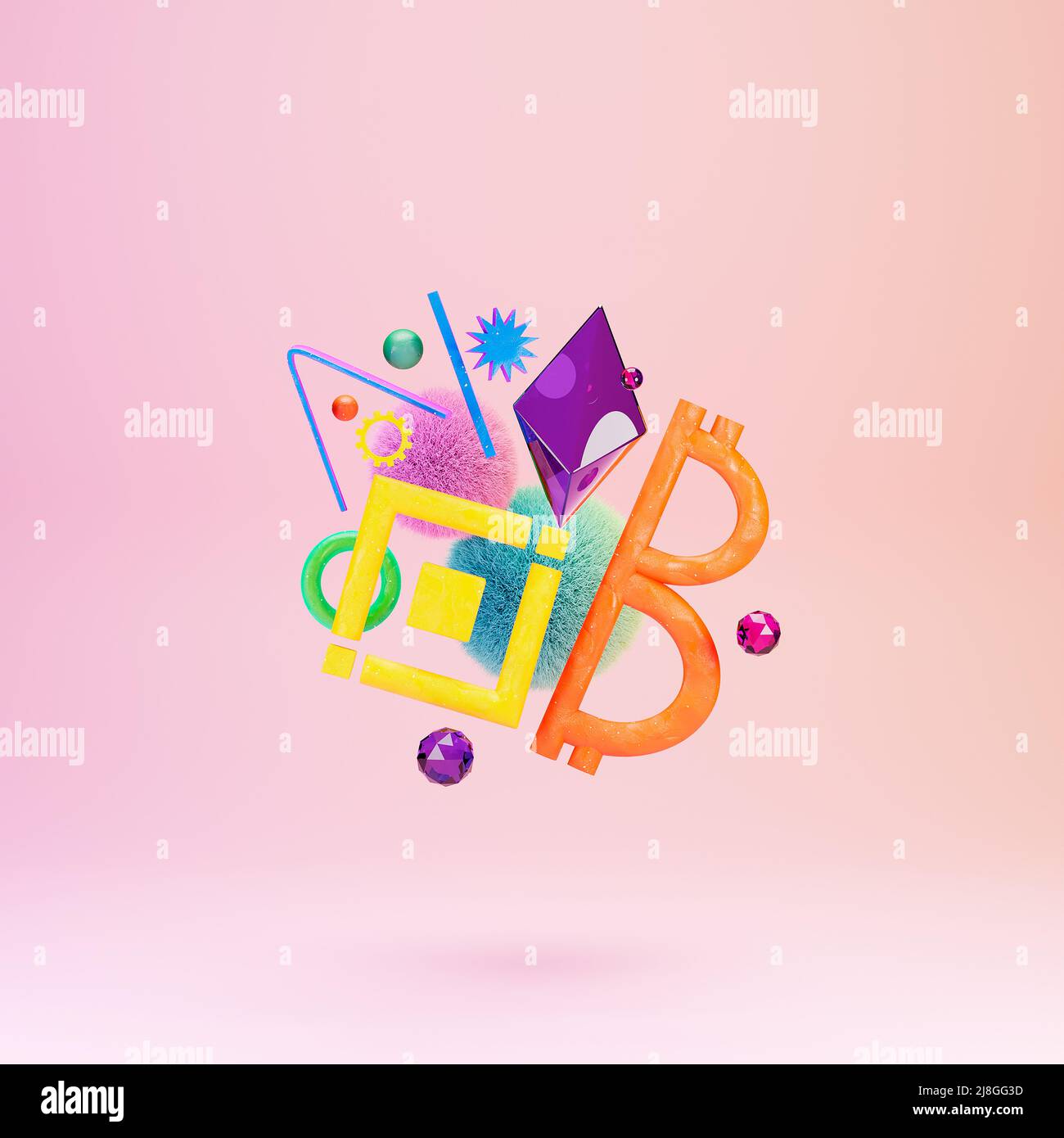 Cartoon cryptocurrency on a pink background. Funny composition with ...