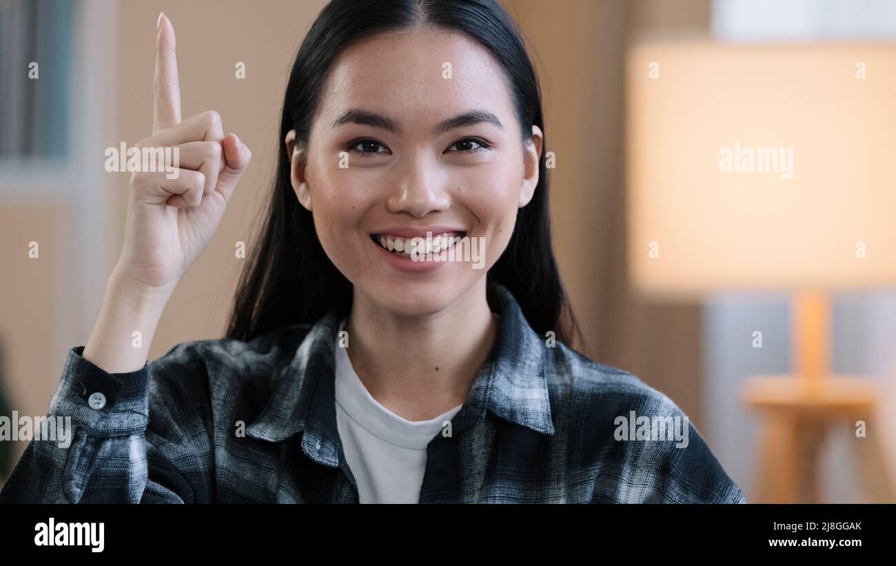 Portrait asian millennial girl creative smart woman embarrassed pensive ...