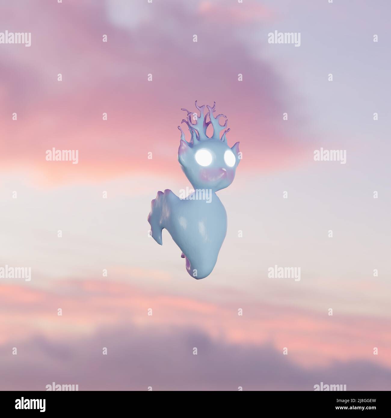 Alien with burning eyes flying against the background of beautiful ...