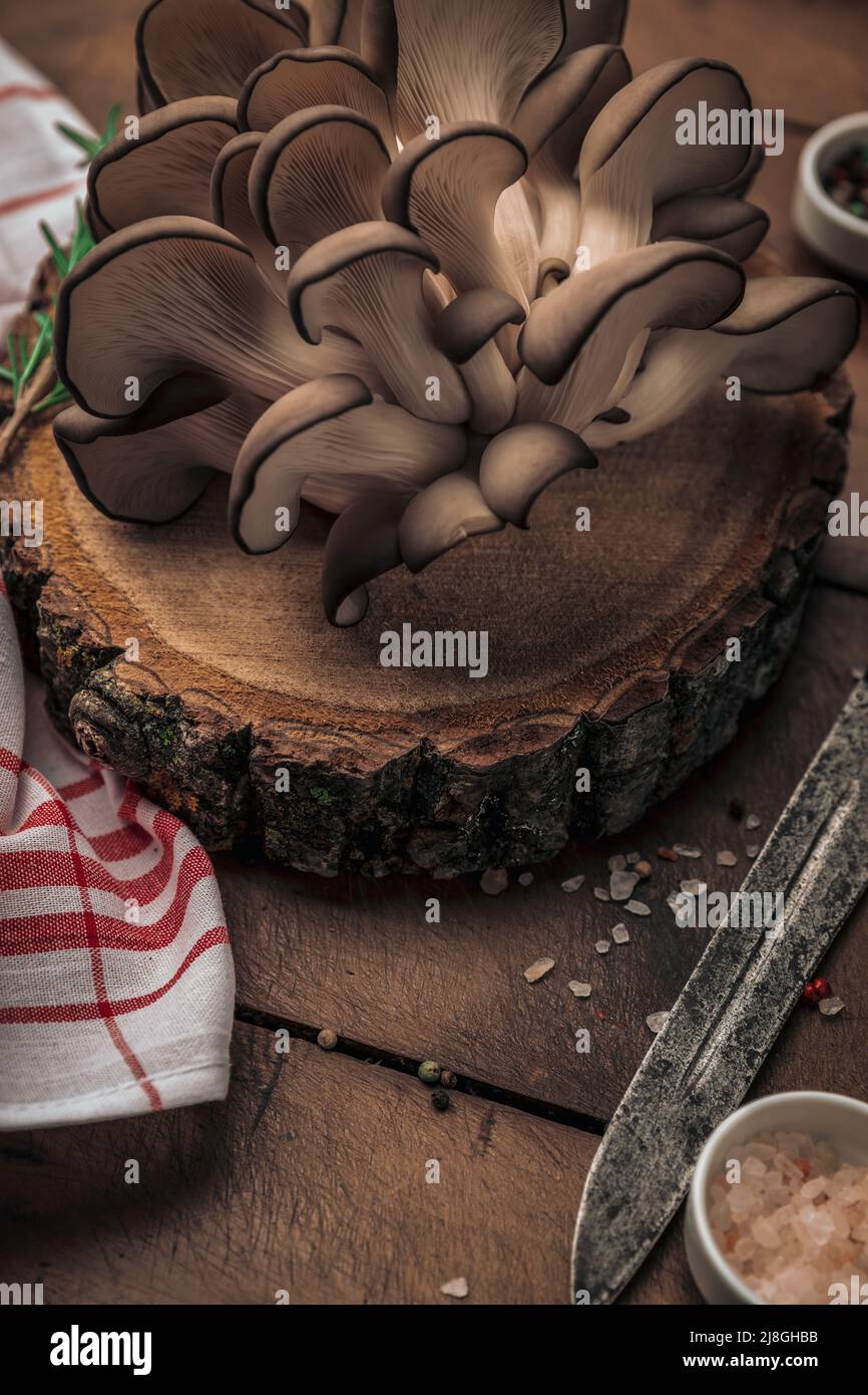 rustic picture with mushrooms on chopper, a kitchen towel, rosemary ...