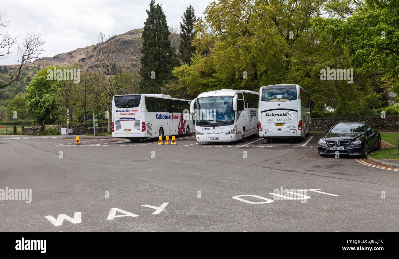 Coaches parked in car park in Grasmere,Lake District,England,UK Stock ...