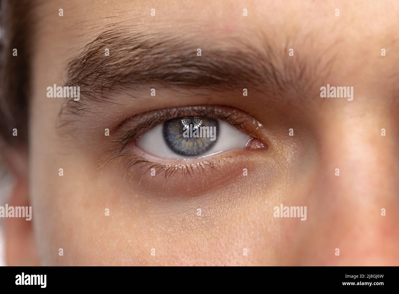 Closeup male blue eyes of young handsome man isolated on white studio ...