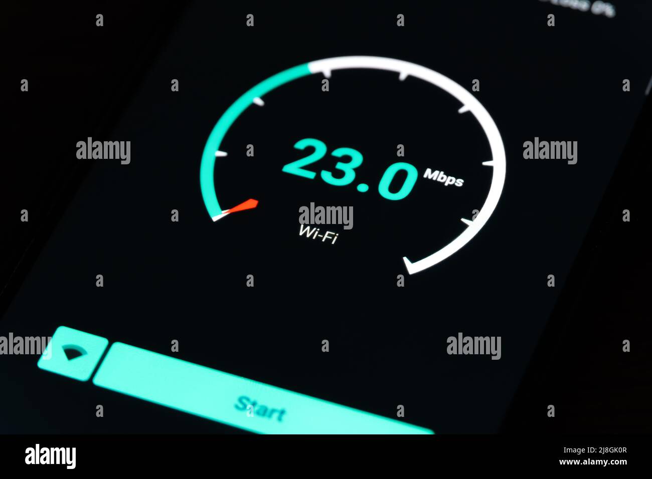 Close-up of the result of checking the Internet speed on a mobile phone ...
