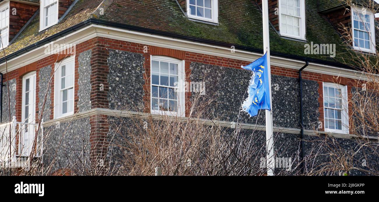 wind shredded euopean union flag on building aldeburgh suffolk england ...