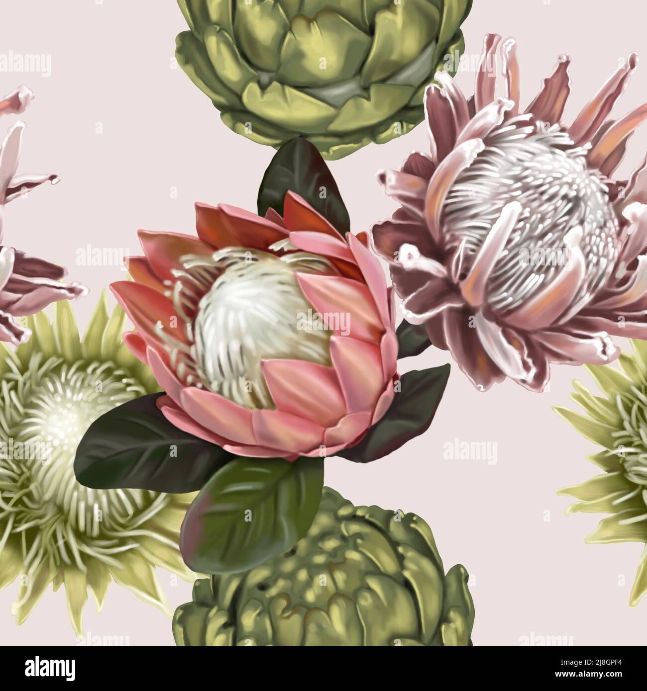 Protea seamless pattern. watercolor realist flowers of protea and ...