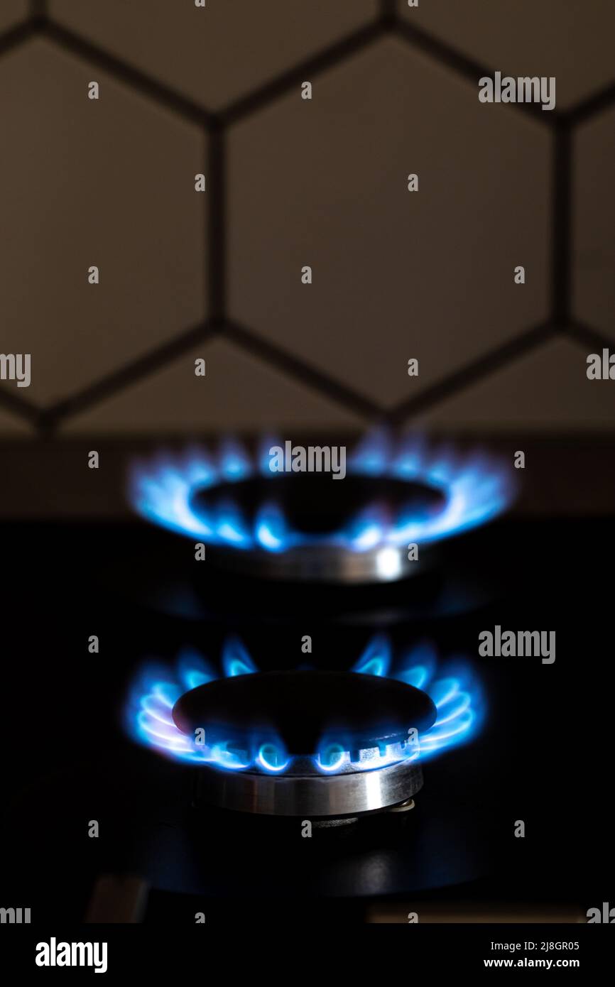 Closeup shot of blue fire from domestic kitchen stove top. Burning gas ...