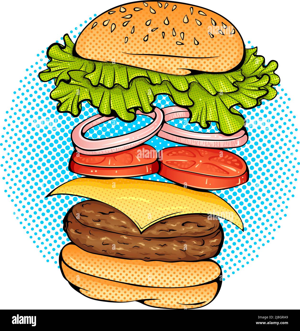 Burger with flying ingredients Pop Art style sticker Stock Vector Image ...