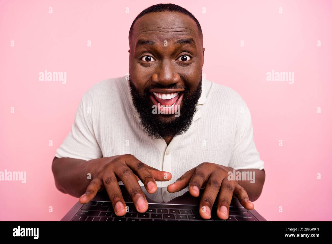 Portrait of astonished funky person typing keyboard open mouth look ...