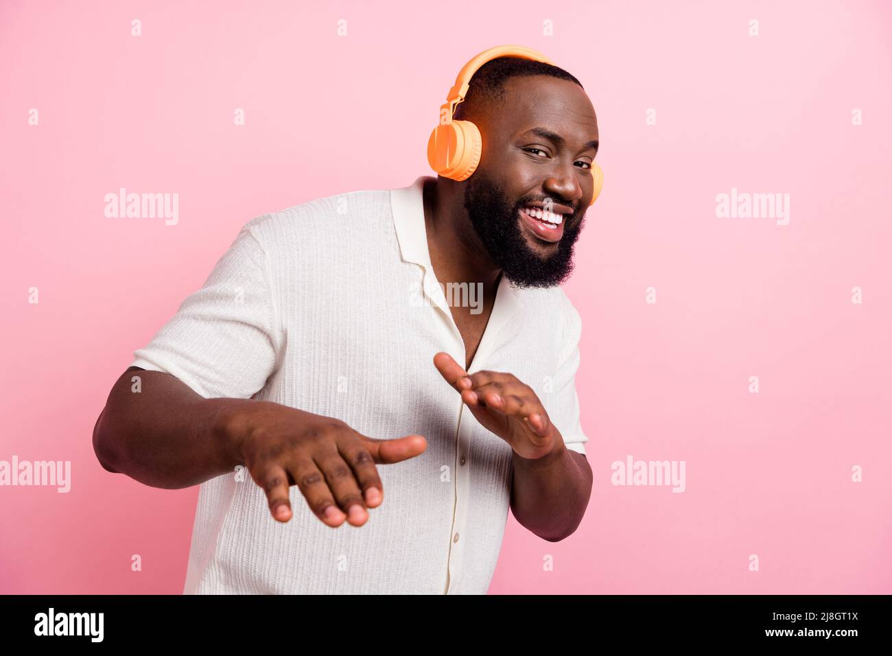Photo of cool funky guy dressed white shirt eyewear dancing having fun ...