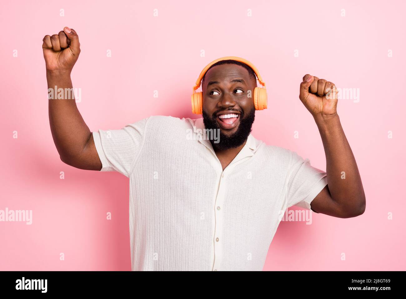 Photo of dreamy lucky guy dressed white shirt dancing looking empty ...