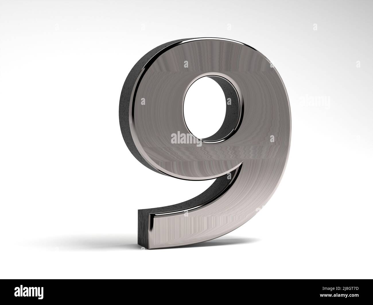Number nine made of steel on a white background. Metal volumetric ...