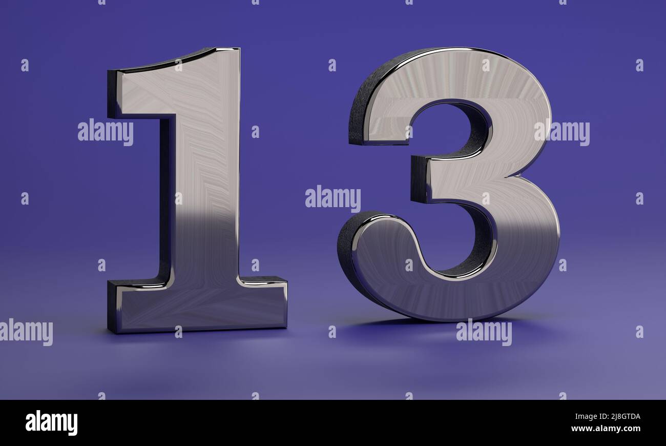 number 13 made of steel on a blue background. 3D render Stock Photo - Alamy