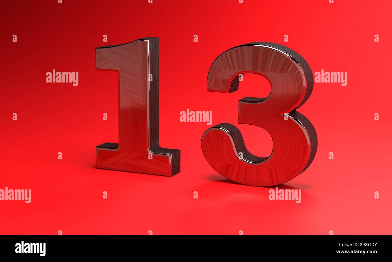 number 13 made of steel on a red background. 3D render Stock Photo - Alamy
