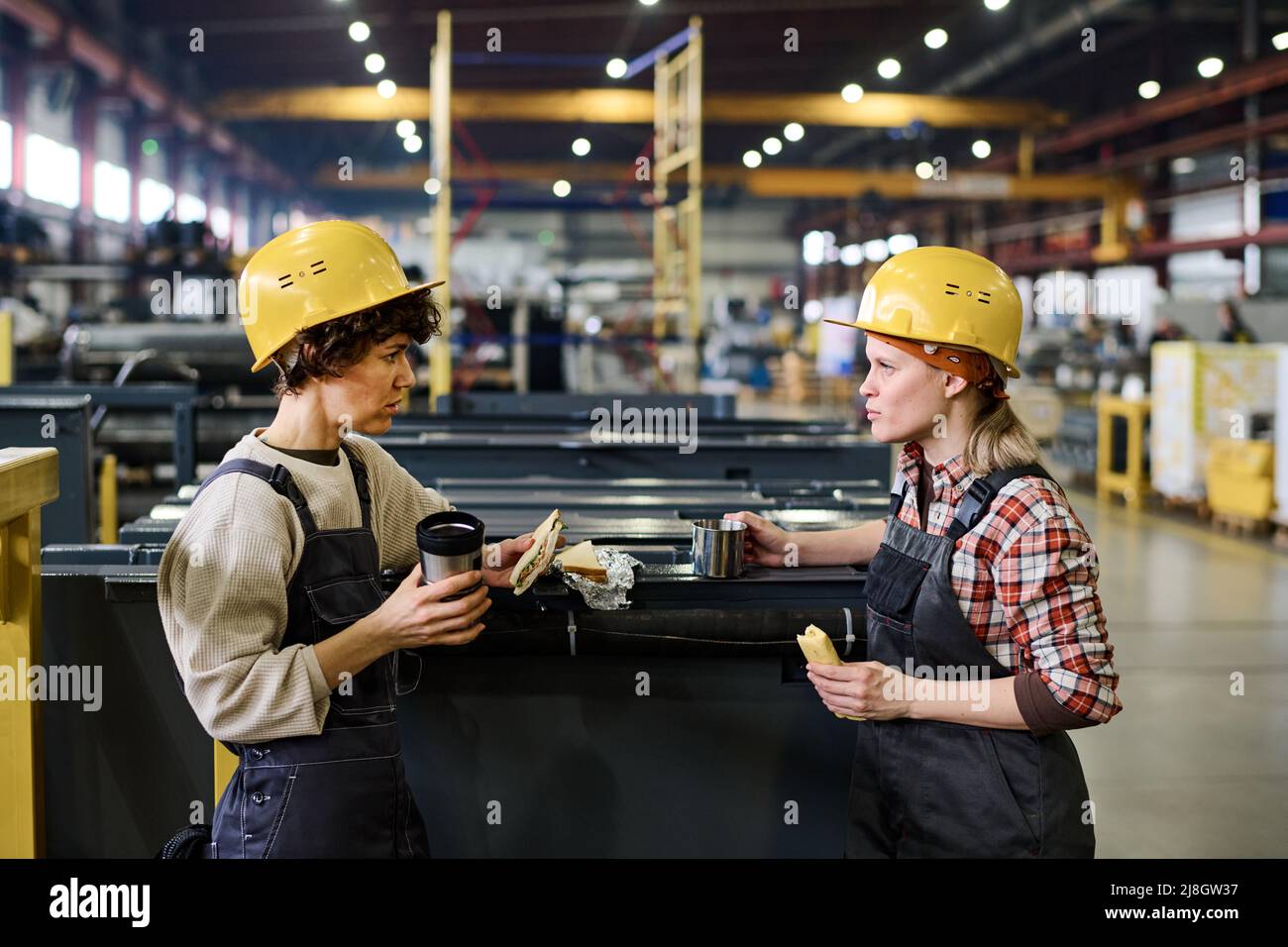 Two young engineers or workers of warehouse having sandwiches and hot ...