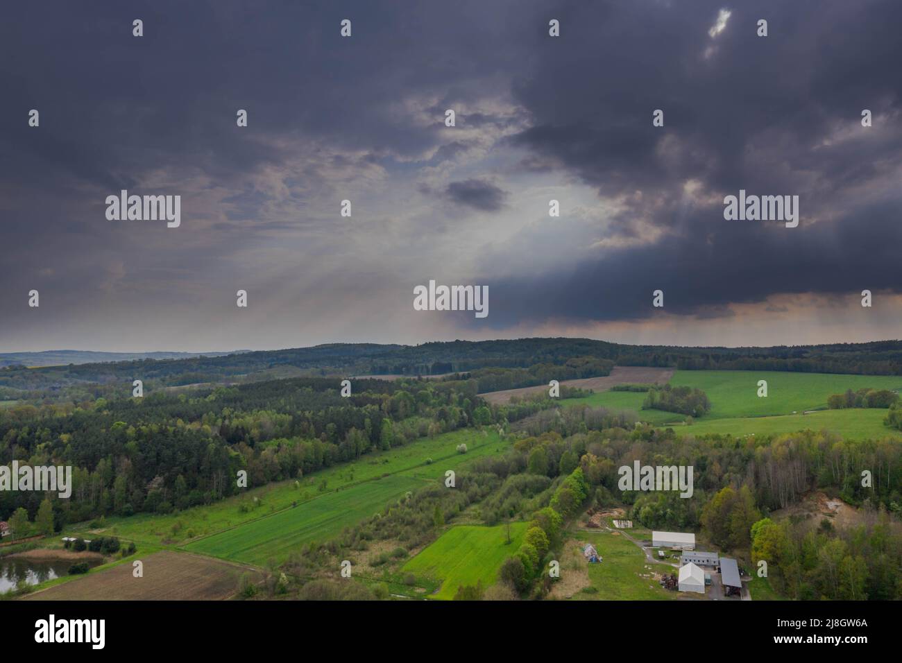 Sudeten Upland. Undulating terrain covered with arable fields, meadows ...