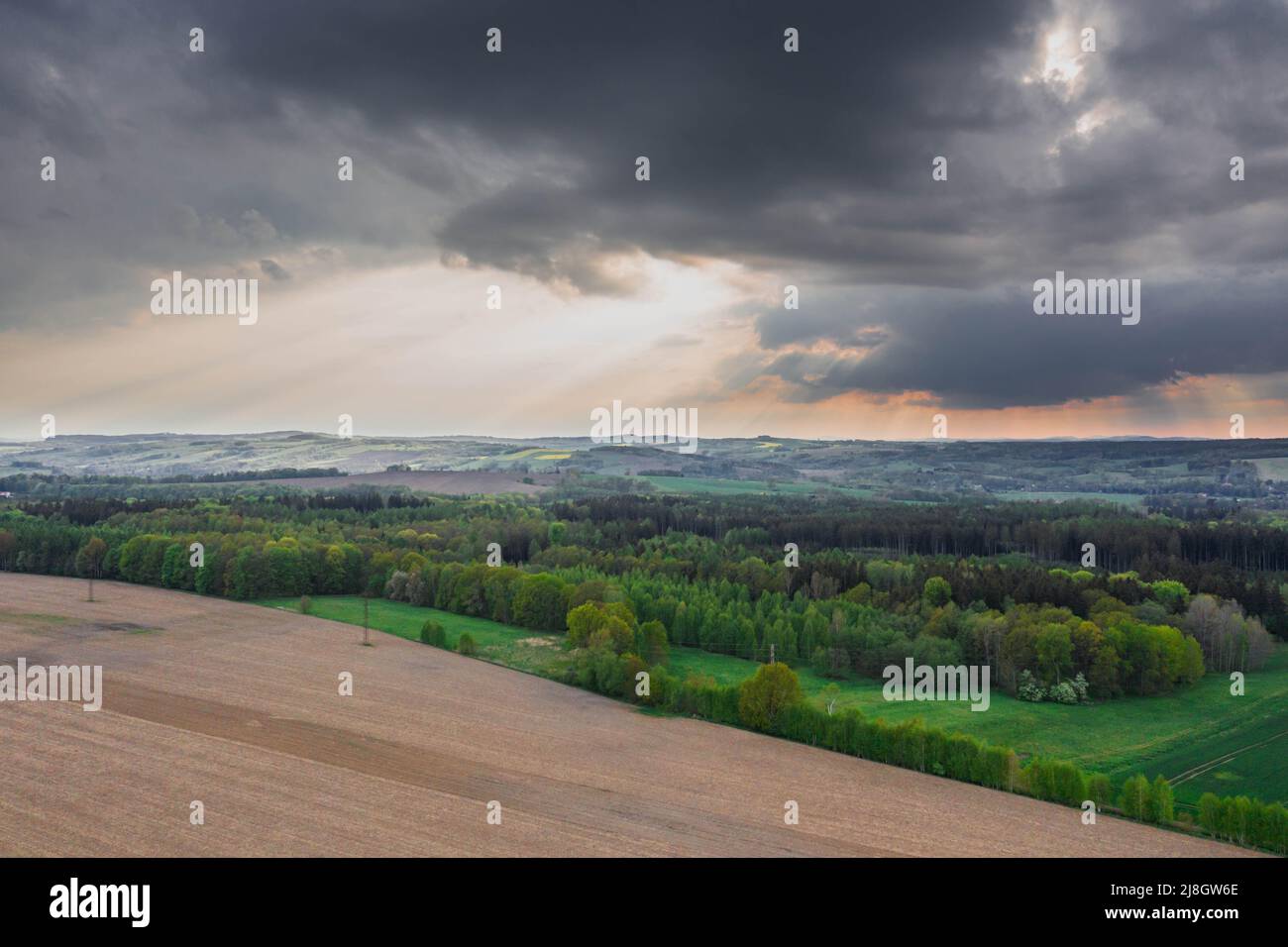 Sudeten Upland. Undulating terrain covered with arable fields, meadows ...