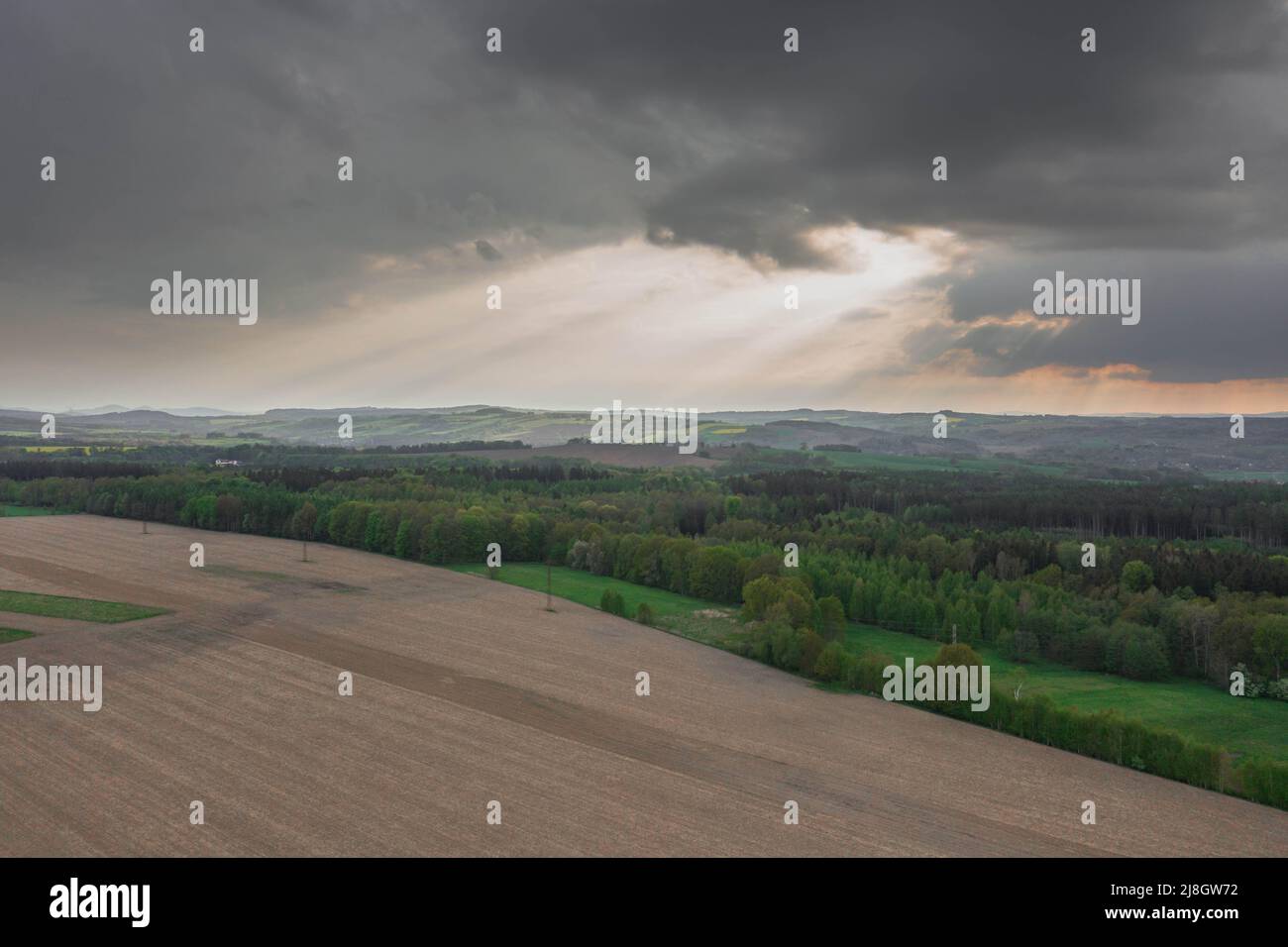 Sudeten Upland. Undulating terrain covered with arable fields, meadows ...