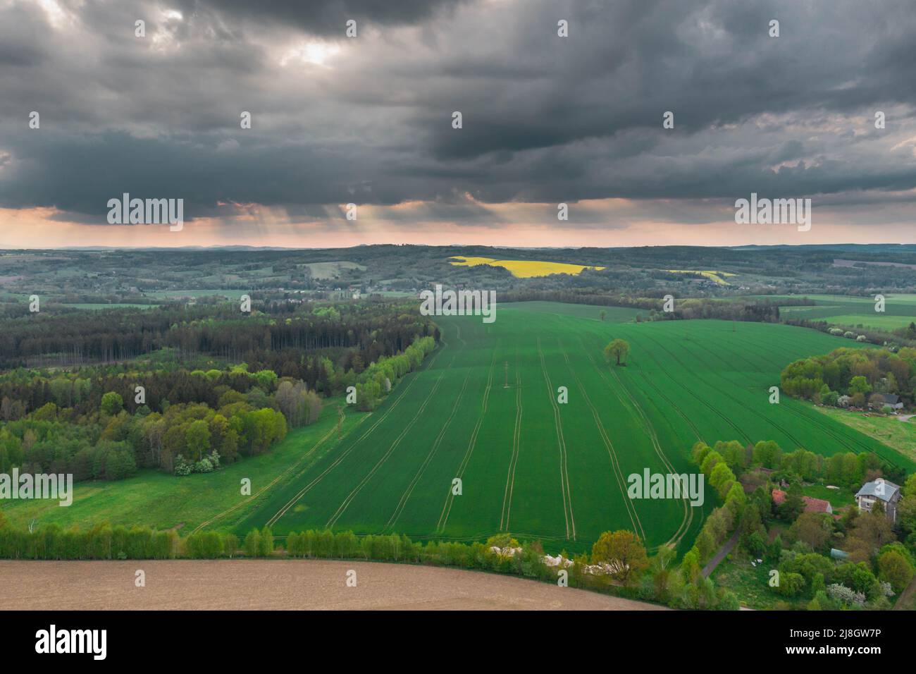 Sudeten Upland. Undulating terrain covered with arable fields, meadows ...
