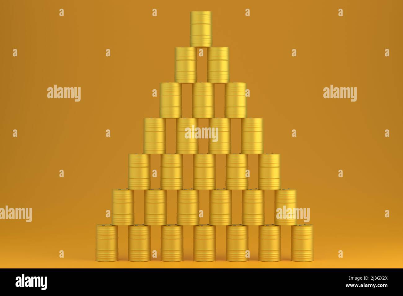 Metal gold barrels for industrial oil. Pyramid of iron barrels ...