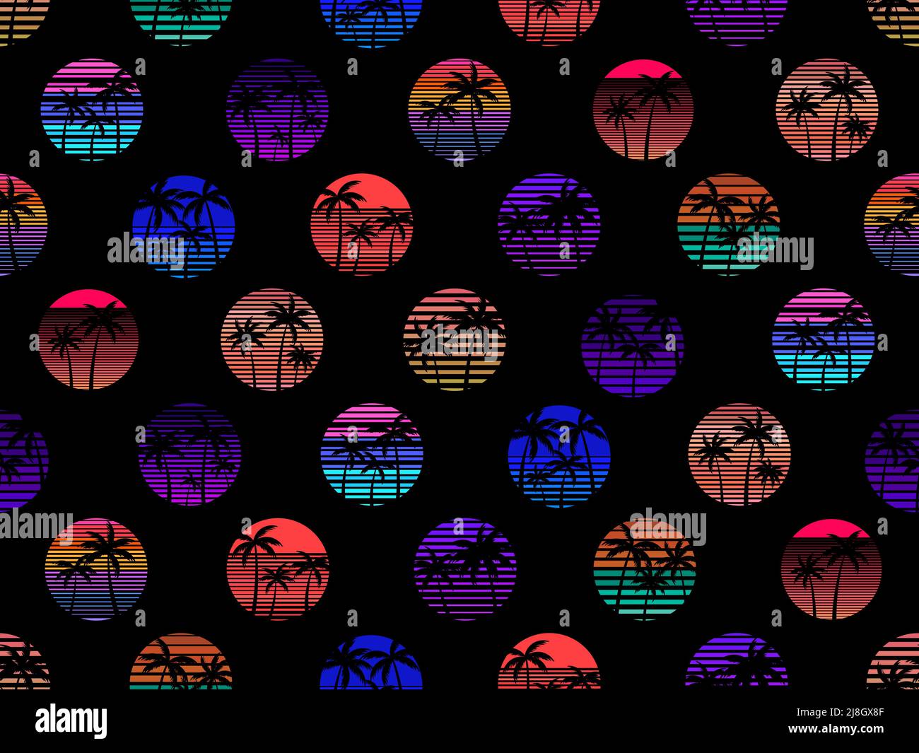 Palm trees against the backdrop of the sun in retro 80s style. Retro ...