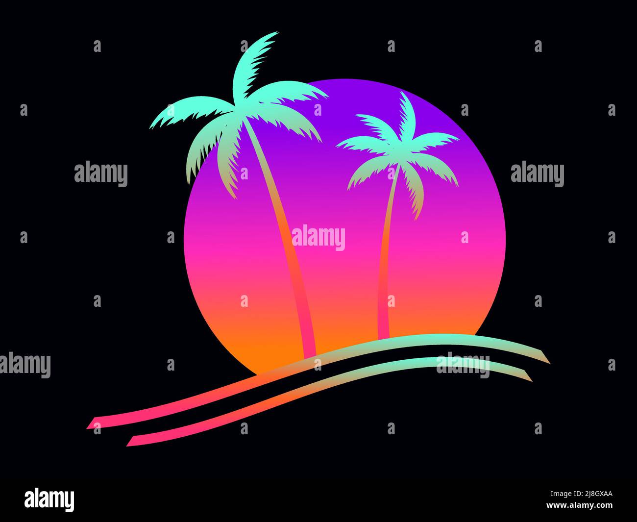 Palm trees against a gradient sun in the style of the 80s. Synthwave ...
