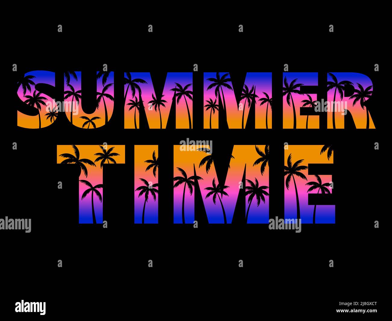 Summer time. Text with palm trees on a sunset. 80s retro design for ...