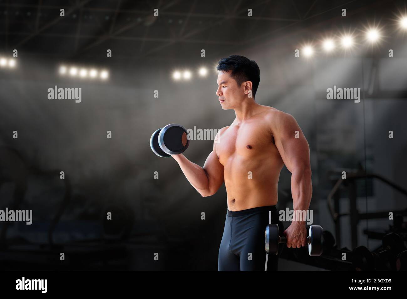 Man exercising in gym. Asian bodybuilder lifting weights. Sport and ...