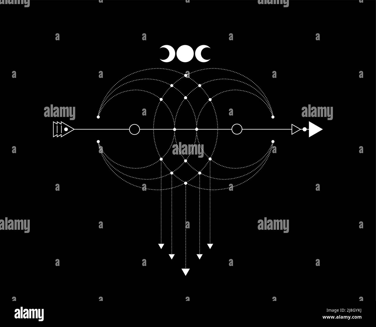 Sacred Geometry, mystical arrow and crescent moon, dotted lines in boho ...